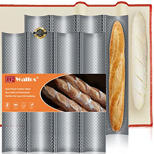 WALFOS 2PCS French Baguette Bread Pan ,with Professional Proofing Cloth, 15"X 13" Non-stick french bread pan, 4 Wave Loaves Loaf baguette pan for baking Toast Perforated Bakers Molding