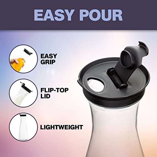 UMIEN Carafe Pitcher β Clear Beverage Carafes with Flip Top Lid, Iced Tea, Mimosas, Laundry Detergent, Milk, Juice β Easy Pour BPA Free Plastic Drink Container, 50 Ounce Round bottoms - 2 pack