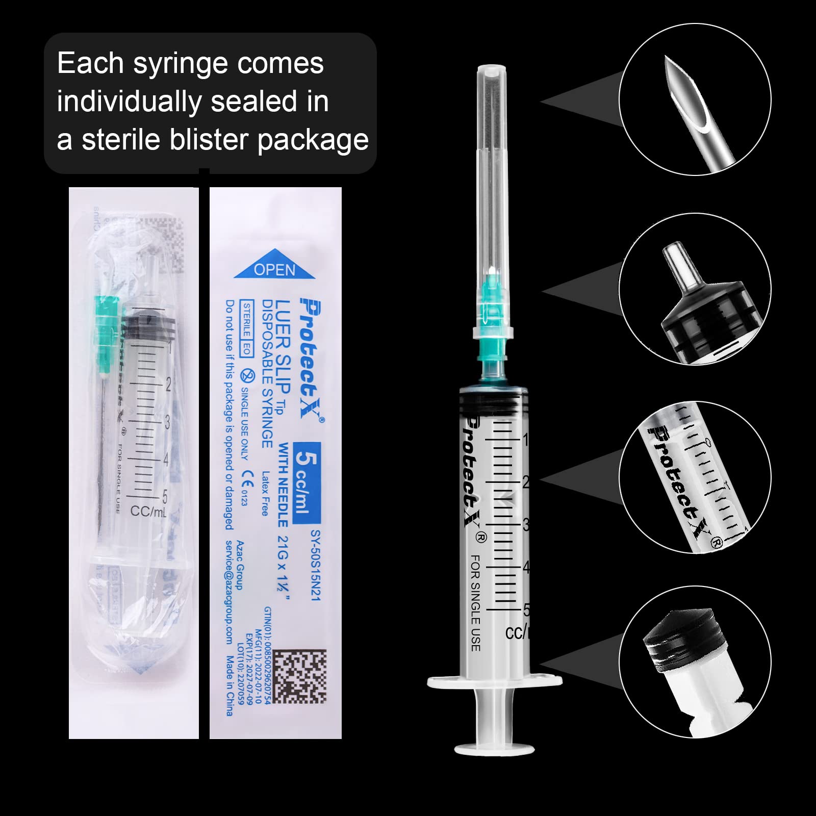 ProtectX 5ml Disposable Luer Slip Sterile Syringe with 21Ga 1.5” Needle, Individually Sealed, Smooth and Accurate Dispensing for Science Labs, 50-Pack