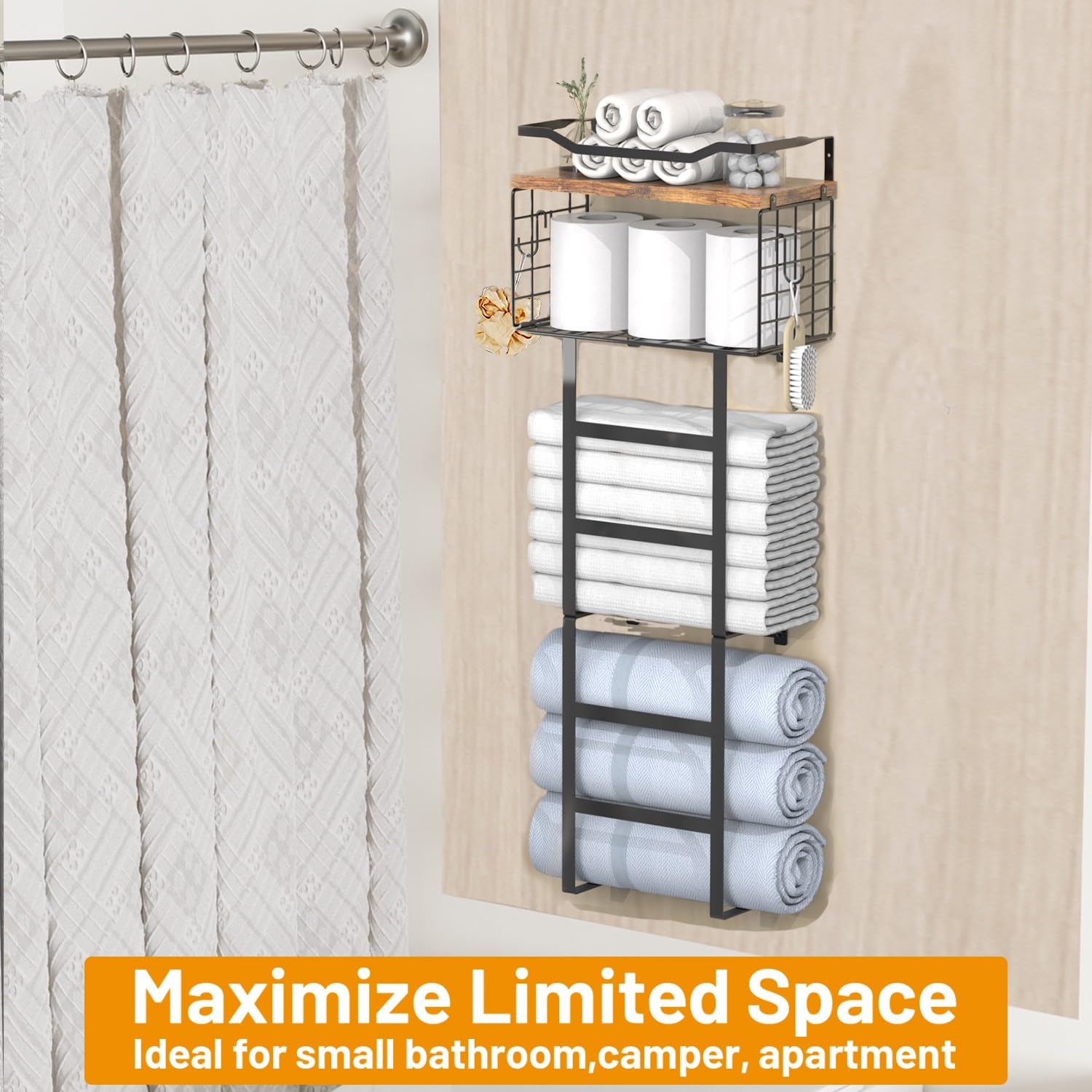 Towel Racks for Bathroom,Towel Rack Wall Mounted with 2 Pack Towel Shelf and a Wire Basket, Rolled Towel Holder Shelf Bathroom Storage and Organizer, Sturdy Metal & Wood, Black