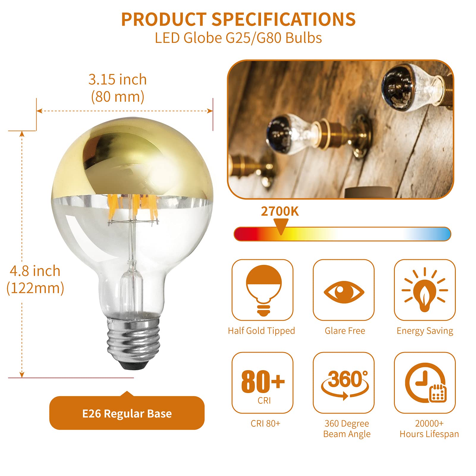 Meconard Half Chrome Decorative Light Bulb, G80/G25 Dimmable E26 Medium Screw Base LED Filament Globe Bulb, 6Watt Equivalent 60Watt, Half Gold Reflected Bulb for Mirror, 2700K Soft White, 2Pack