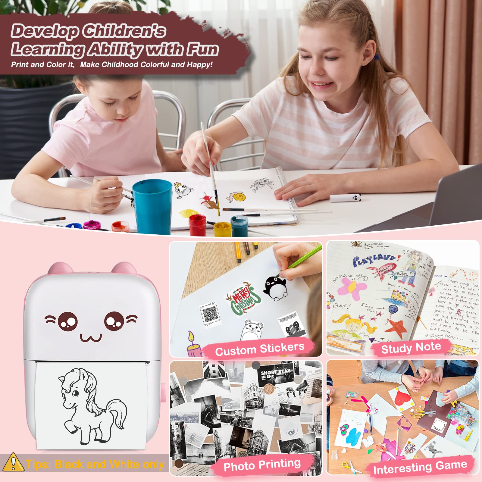 Zeacool Mini Pocket Printer,Portable Thermal Printer for Sticker,Label,Text Memo,Receipt,Photo,BT Inkless Printing,Gifts for Kids,Wireless Bluetooth Printer Compatible with iOS and Android (Pink)
