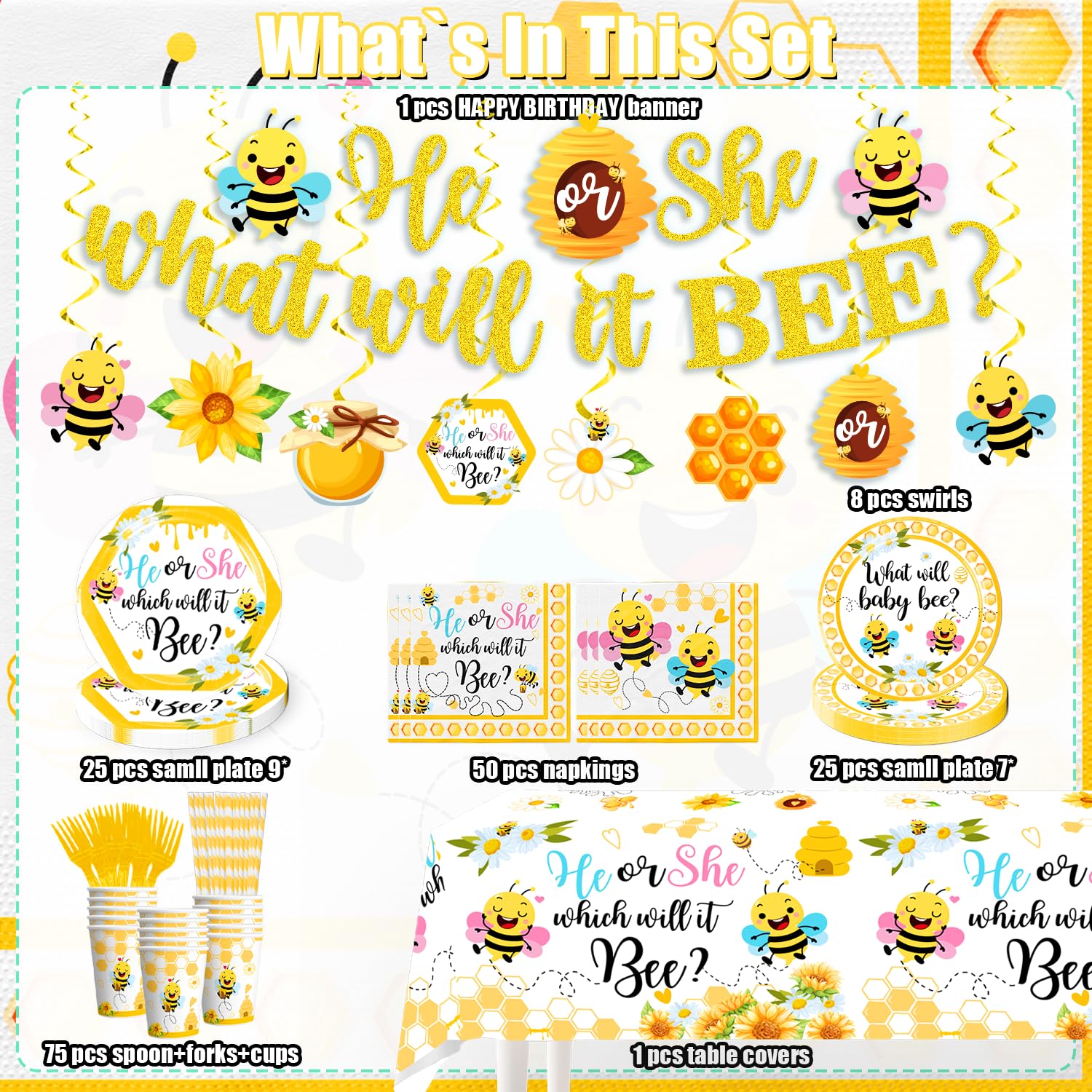 Yingoto 168pcs What Will it Bee Gender Reveal Decorations Tableware Set, Bee Gender Reveal Decorations Include Banner, Plates, Napkins, Tablecloth, Bee Party Decorations for Baby Shower, Serve 25