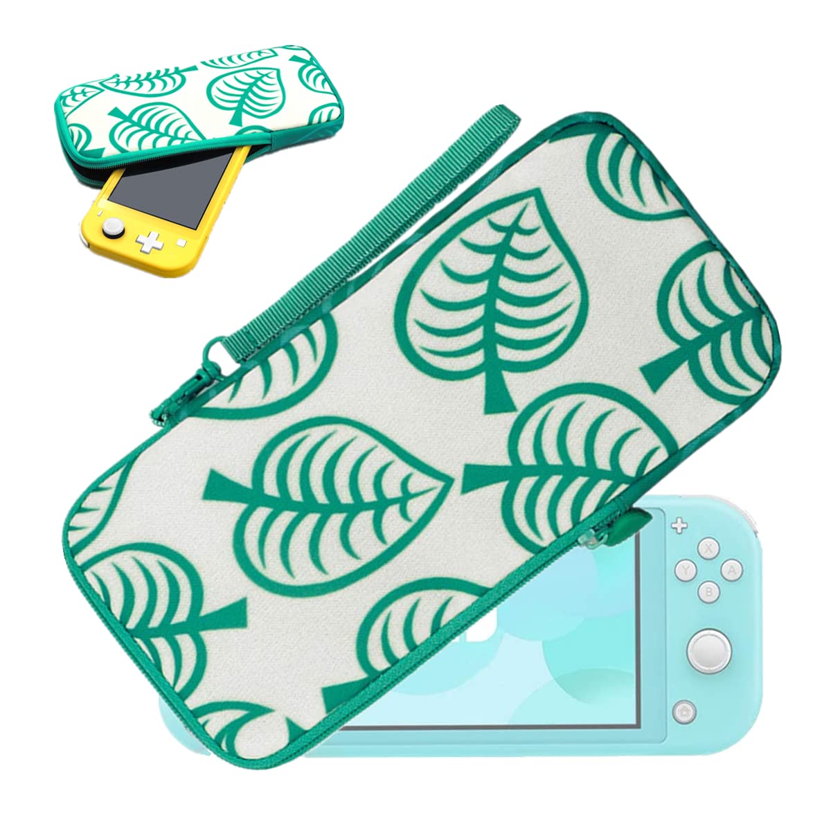 LYCEBELL Carrying Case for Nintendo Switch Lite Travel Carrying Bag New Leaf Design Portable Ultra Slim Pouch for Switch Lite Console with Wrist Strap - Green