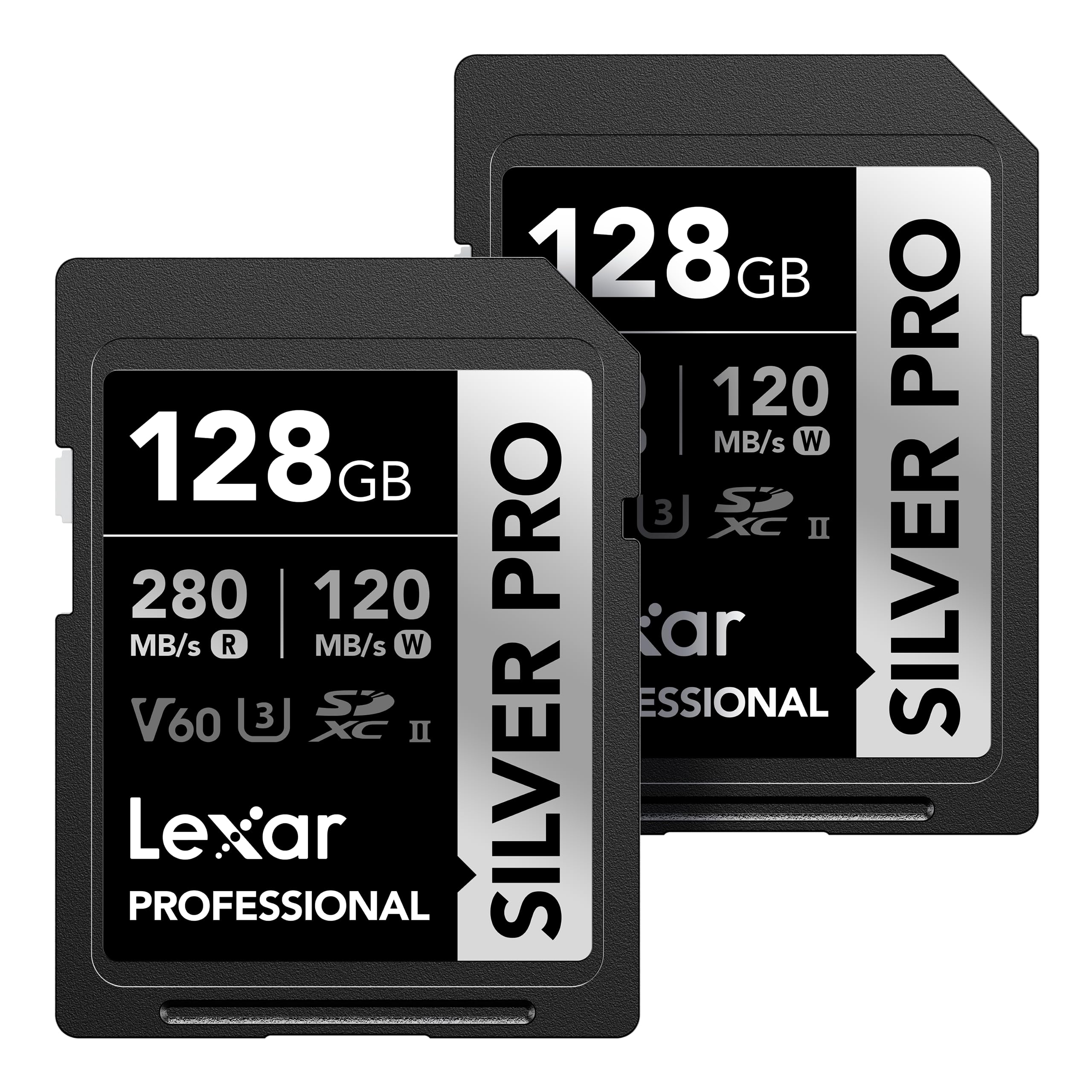 Lexar 128GB (2-PK) Professional SILVER PRO SDXC Memory Card, UHS-II, C10, U3, V60, Full-HD & 4K Video, Up To 280MB/s Read, for Professional Photographer, Videographer, Enthusiast (LSDSIPR128G-B2NNU)