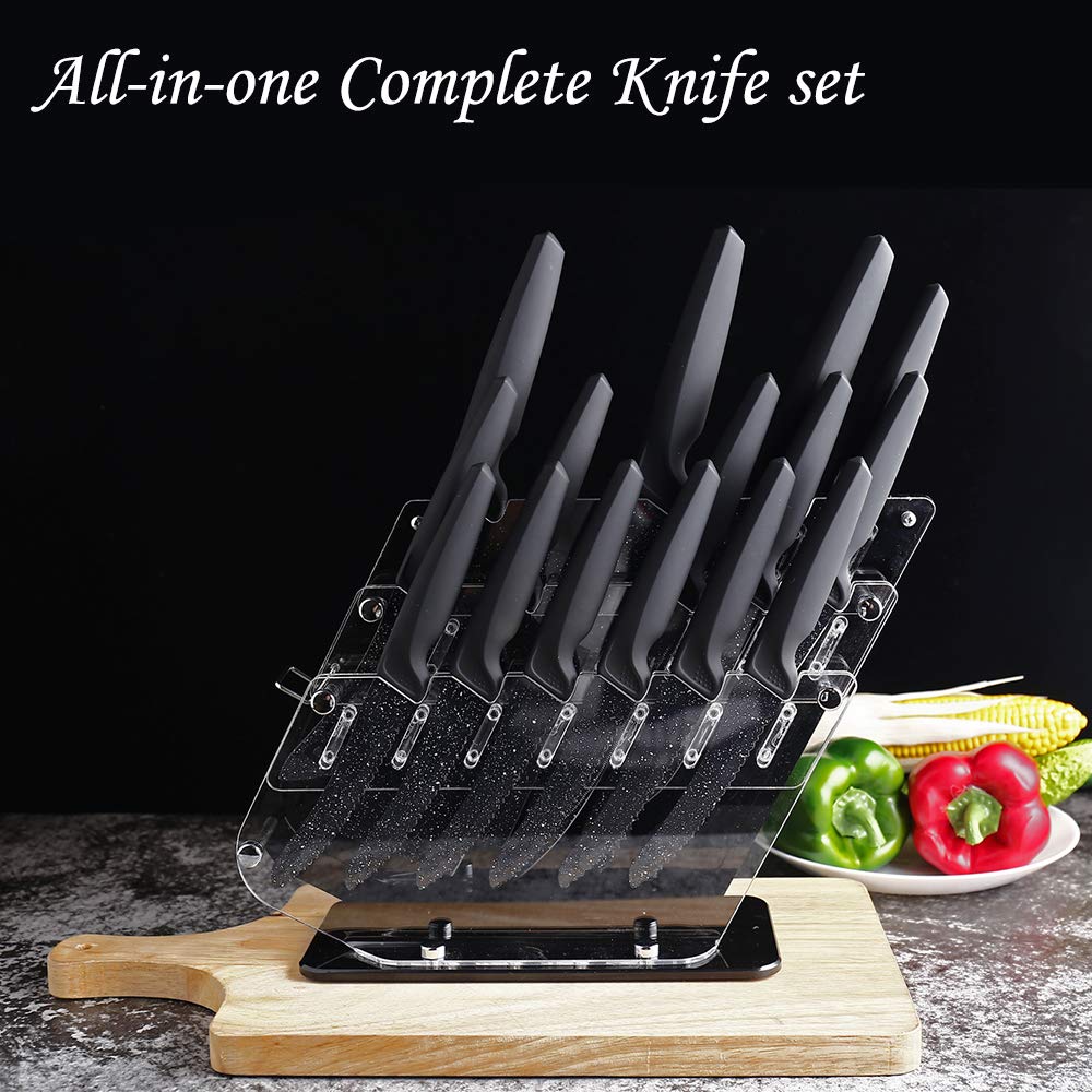 Knife Set, HOBO 17-Piece Kitchen Knives Set, German Stainless Steel Chef Knife Set with Acrylic Block, 6 Steak Knives, Professional Non-Slip Handle, Kitchen Scissors, Cooking Black Knife Set