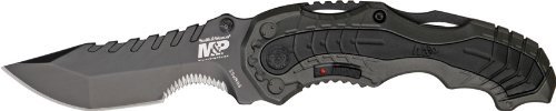 Smith & Wesson SWMP6S 7.7in High Carbon S.S. Assisted Folding Knife with 3.4in Serrated Clip Point Blade and Aluminum Handle for Tactical, Survival and EDC,Black