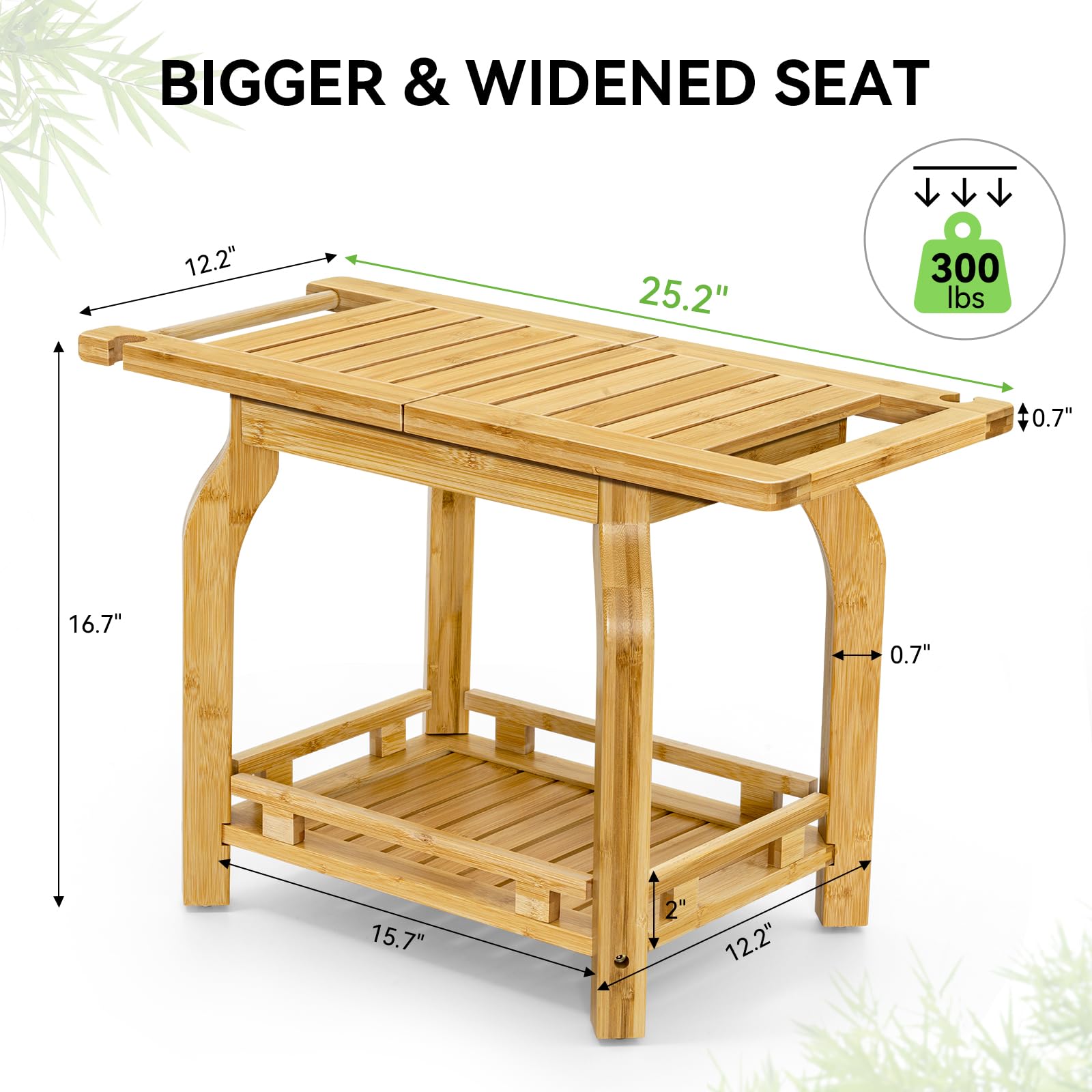 TEAKMAMA 2-Tier Bamboo Shower Bench, 25" Waterproof Shower Stool with Storage Shelf, Shower Chair Bath Seat with Handle for Bathroom Bathtub Elderly Disabled
