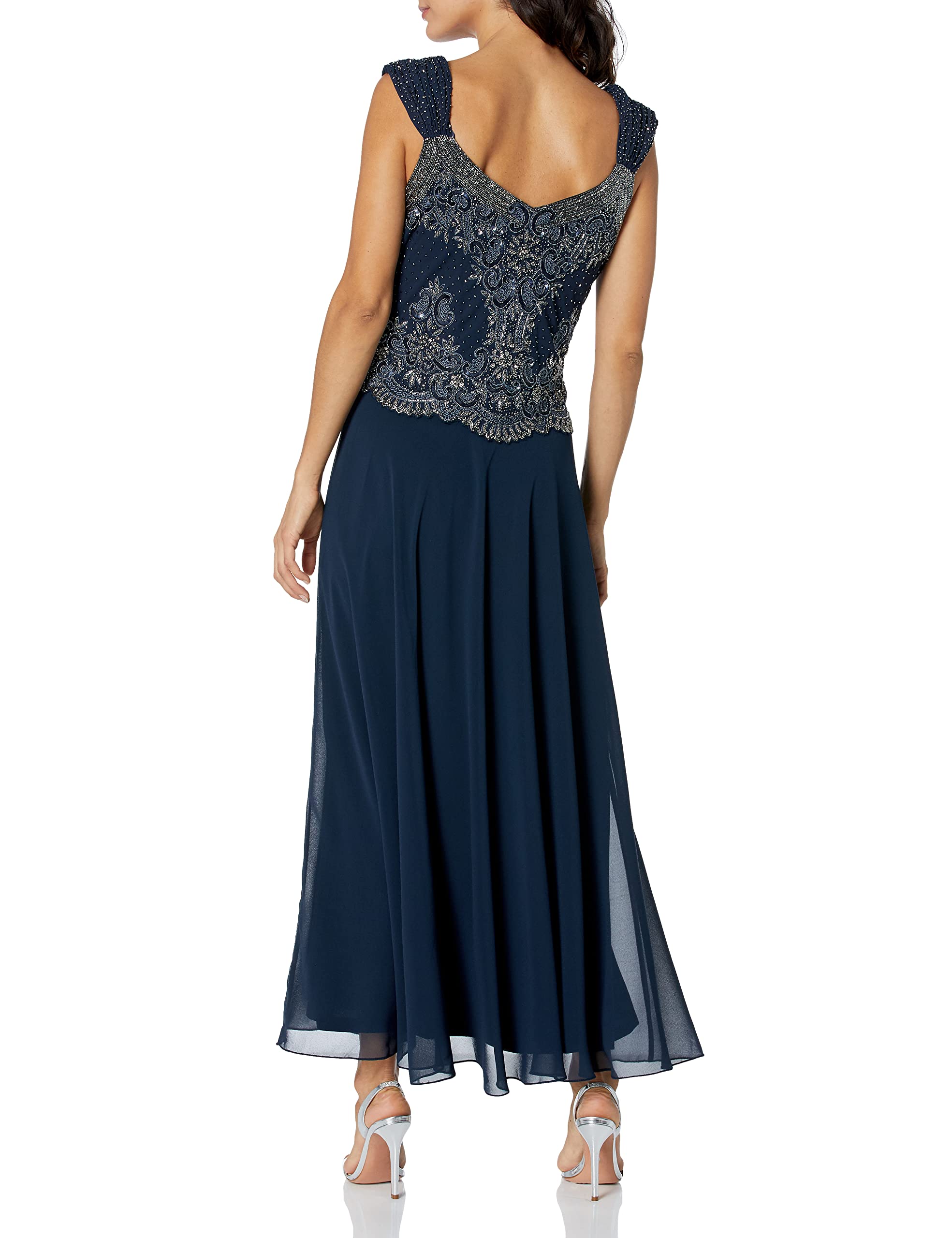 J Kara Women's Petite Beaded Cap Sleeve Dress, Navy/Mercury, 10P