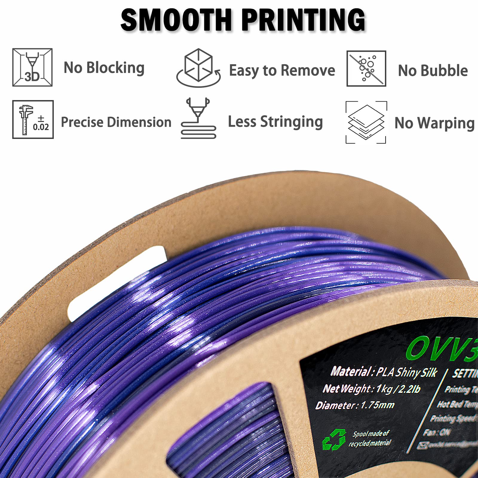 PLA Filament 1.75mm, 3D Printer Filament Silk Black Purple Color Changing, Silk PLA Filament, 3D Printing Filament 1.75 +/-0.02mm, 1kg