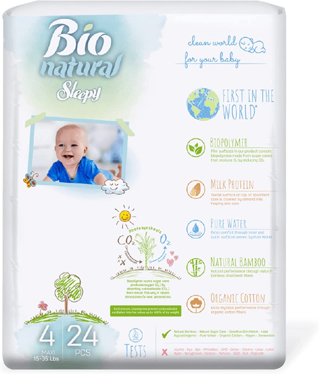 SOHO, Bio-Natural Sleepy Baby Diapers, Made from Organic Cotton and Bamboo Extract, Ultimate Comfort and Dryness, Wetness Indicator, Comes with The Baby Wipes, (4 Maxi 15-35 Lbs Count- 24 PCs)