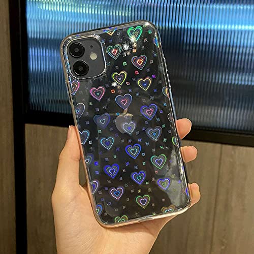 SmoBea Compatible with iPhone 12 Mini Case, for Laser Glitter Bling Heart Soft & Flexible TPU and Hard PC Back Shockproof Cover Women Girls Heart Pattern Phone Case (Rainbow Heart/Clear)
