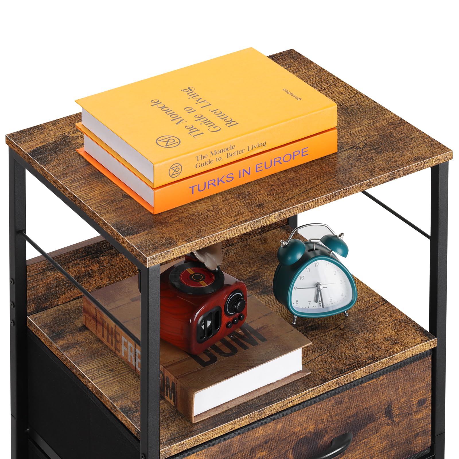 YBING Tall Nightstand 5 Drawer Dresser for Bedroom Vertical End Table Chest for Nightstand, Open Shelf, Steel Frame, Bedside Table Black