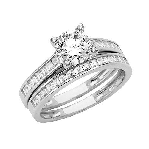 Jewels By Lux 14K White Gold Cubic Zirconia CZ Wedding Band and Engagement Bridal Ring Two Piece Set Size 9