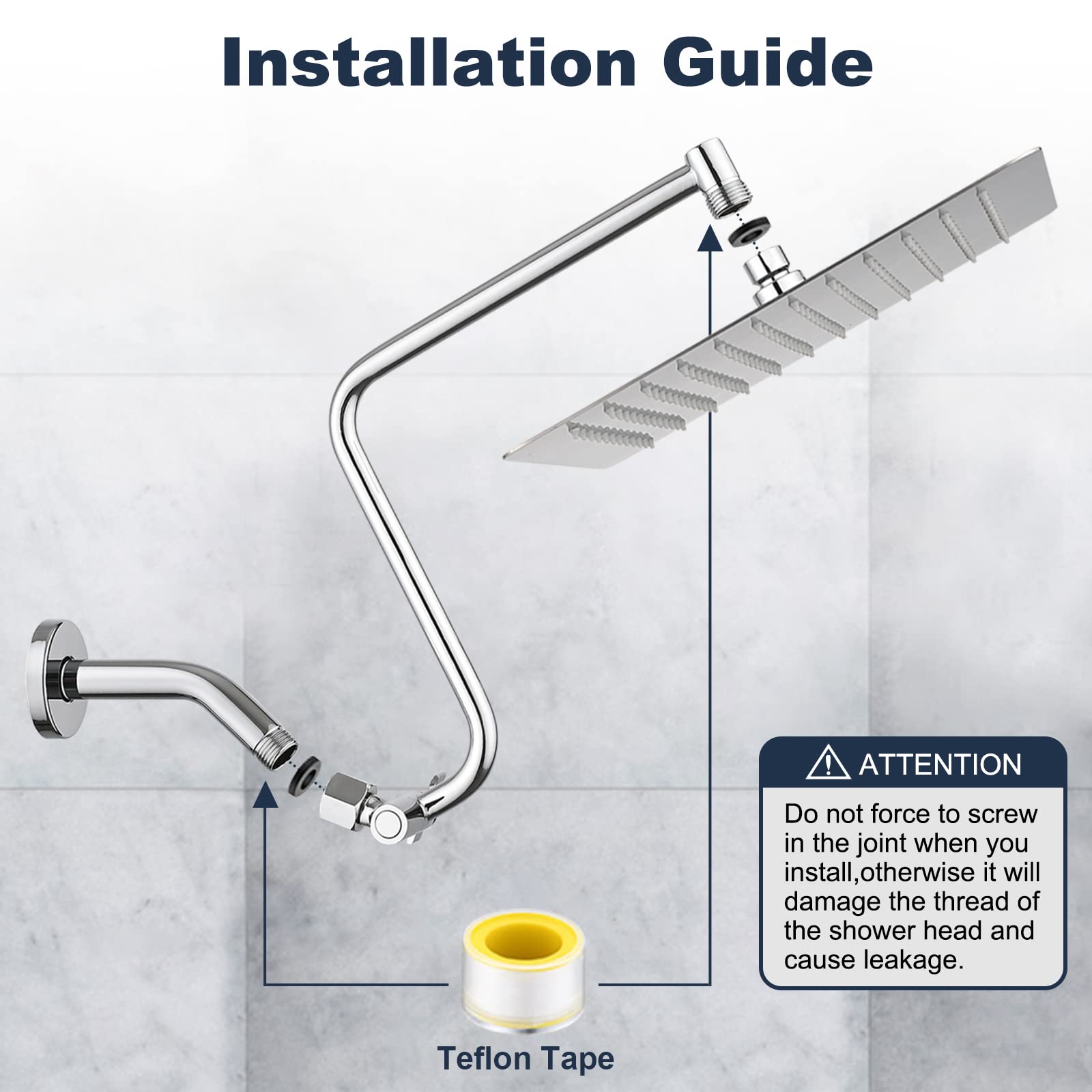 PDPBath 12" Rain Shower Head with Upgrade Adjustable Extension Arm, 304 Stainless Steel High Pressure Rainfall Showerhead, All Metal Large Square Waterfall Fixed Showerhead for Bathroom - Chrome