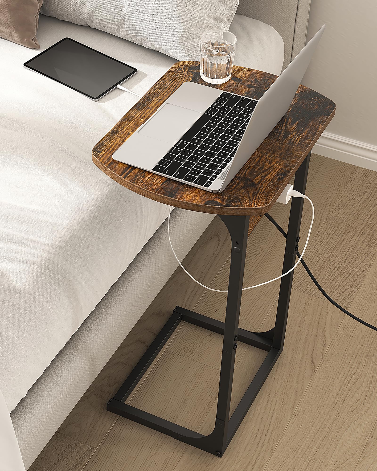 Hzuaneri C Shaped End Table with Charging Station, Bed Side Table with USB Port & Outlet, Couch Table, C Snack Table for Living Room, Bedroom, Rustic Brown and Black ET05101B