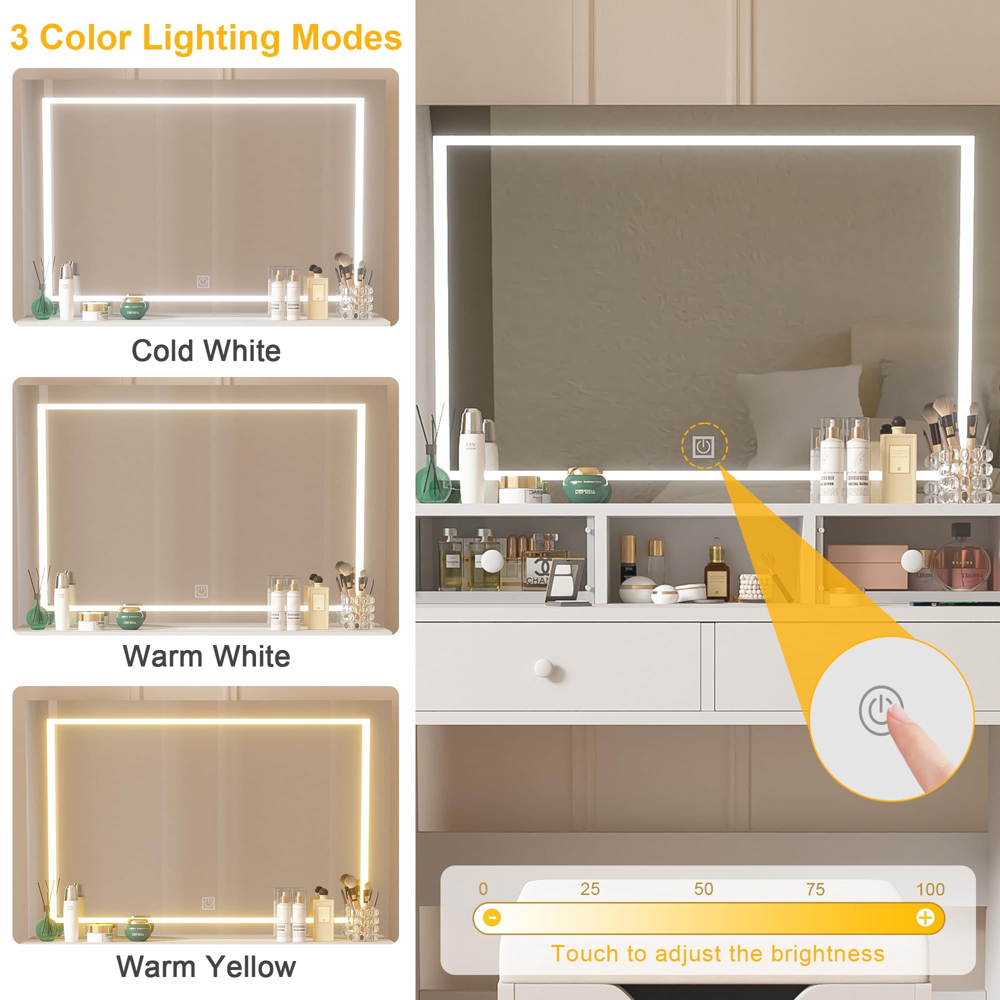 VECELO Vanity Desk with LED Lighted Mirror and Power Outlet, Makeup Table with 4 Drawers and Storage Stool, Adjustable 3 Lighting Modes for Bedroom, Dressing Room, White