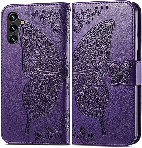 Wallet Case for Samsung Galaxy A14 5G,PU Leather Wallet Flip Protective Phone Case Wrist Strap Card Slots Holder Pocket Emboss Butterfly Flower Stand Case for Samsung Galaxy A14 5G Purple