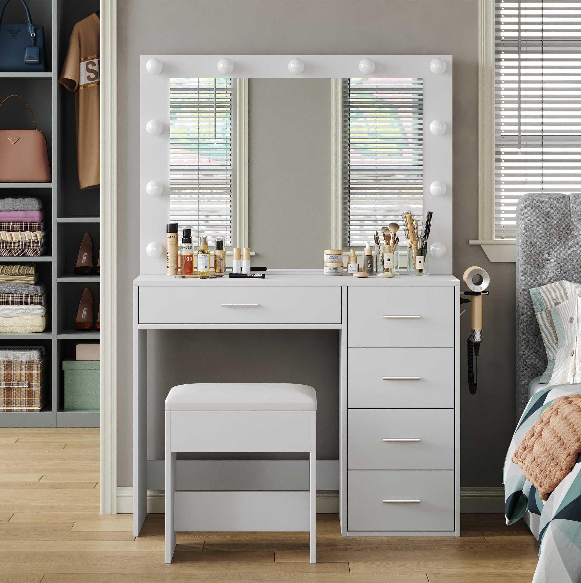 Yanosaku Vanity Desk with Power Outl,Makeup Table with Lighted Mirror, 3 Color Lighting Modes, Brightness Adjustable, Dressing Table with Drawers, Vanity Table Set for Women, Girls（White）