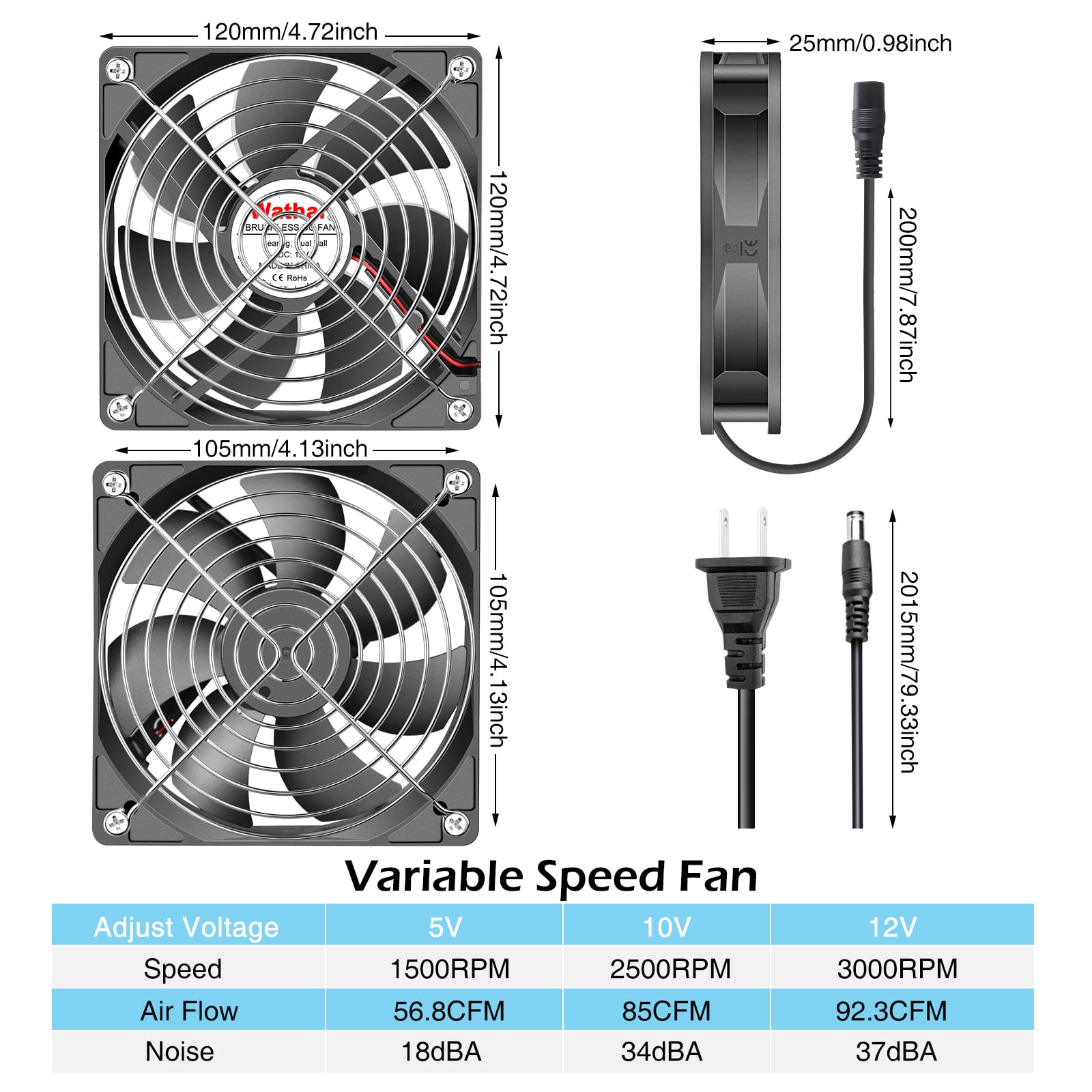 Wathai 120mm Muffin Fan Dual Ball with AC 110v - 240V Speed Control High Performance for Doorways, Wood Stoves, Fireplaces 2 Pack