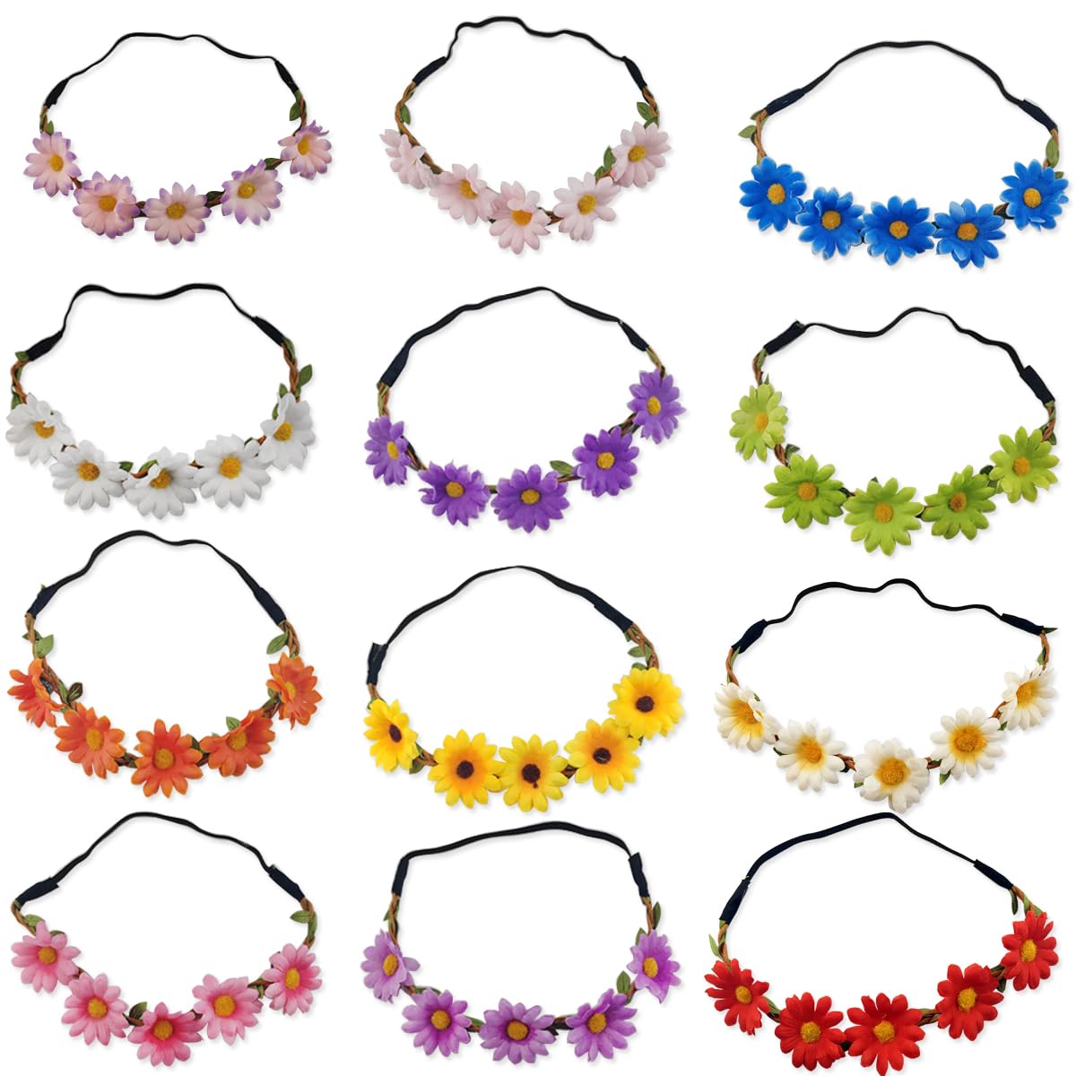 RONYOUNG 12PCS Sunflower Headband Crown Headpiece Daisy Headbands for Women Girl Hair Wreath Garland Hippie Clothes Boho Hat Accessories Bridal Wedding Parties Festivals Performances Photo Props