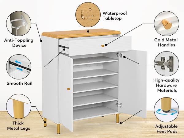 Tribesigns Shoe Cabinet for Entryway, 5-Tier Modern Shoe Rack with Doors and Drawer, Wooden Shoe Storage Cabinet with Adjustable Shelves, Freestanding Shoe Organizer for Hallway Closet Bedroom(White)