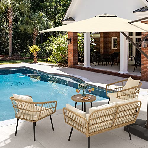 YITAHOME 4 Pieces Patio Furniture Set, Wicker Balcony Bistro Set, Outdoor All-Weather Rattan Conversation Set with Loveseat Chairs Table Soft Cushions for Backyard, Pool, Deck, Garden - Beige