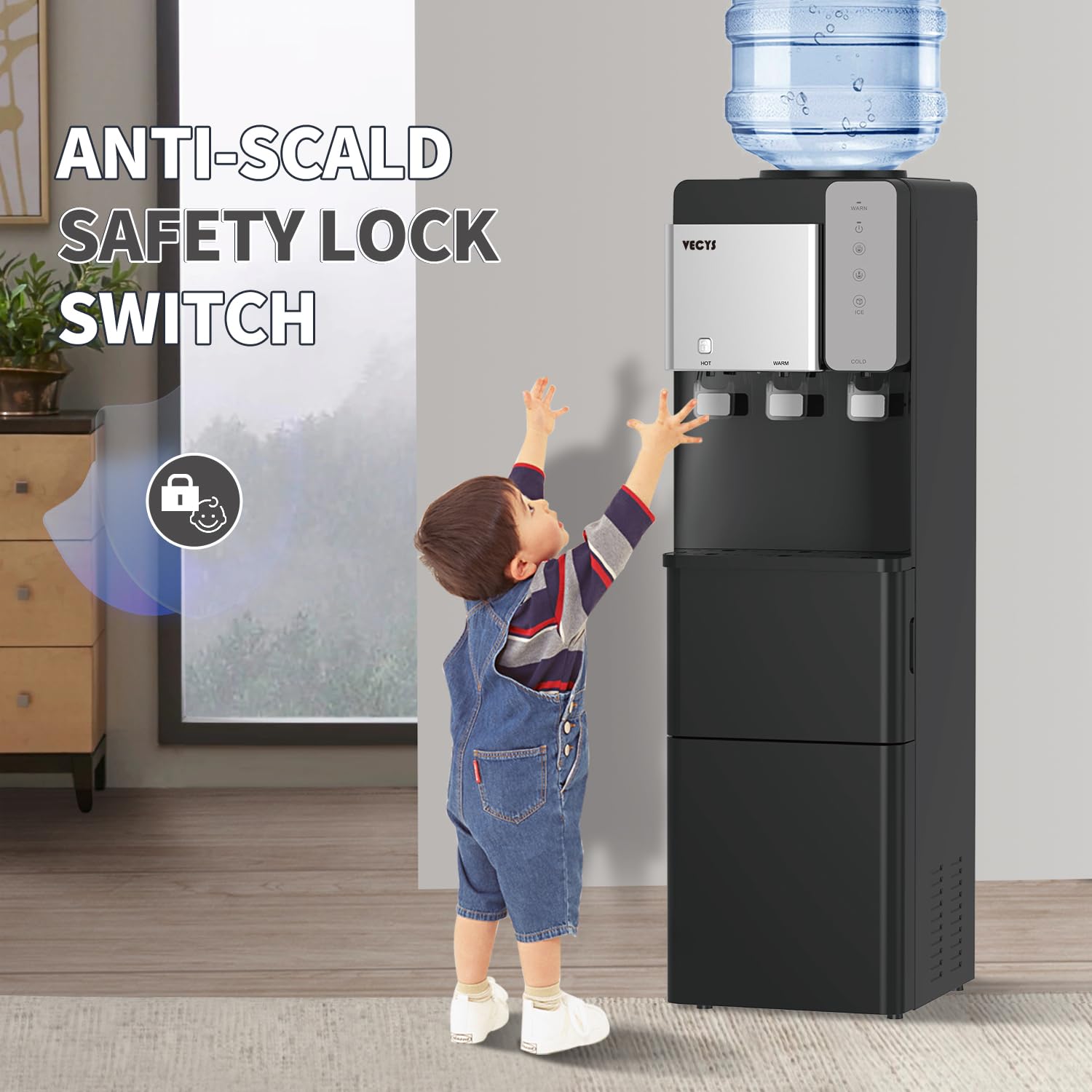 VECYS Water Dispenser Cooler with Ice Maker, 27LBS Daily Ice Making and Hot Cold Water Supply, Child Safety Lock and Compatible with 3 or 5 Gallon Bottles, Ideal for Home and Office