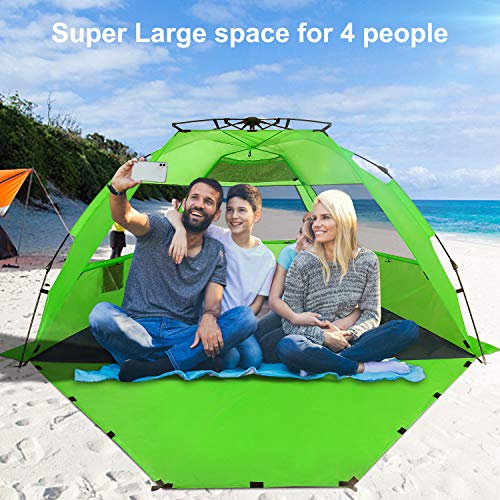 KO-ON Beach Tent Sun Shelter Pop Up XL - Easy Setup Beach Shade for 3-4 Person with UPF 50+ Protection, Extended Floor & 3 Ventilation Windows丨Carrying Bag (Grass Green)