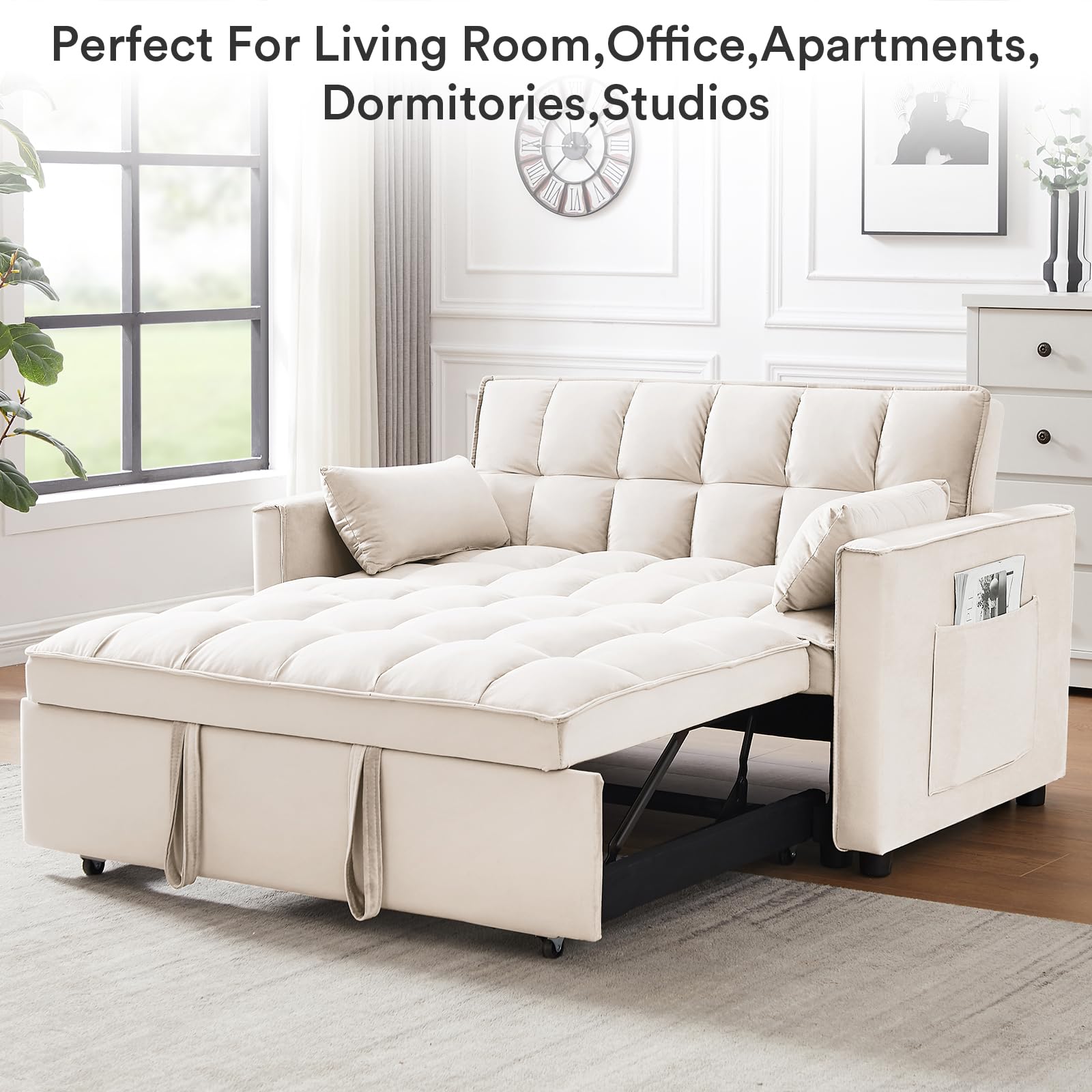 Rovibek 3 in 1 Convertible Sleeper Sofa Bed Pull Out Couch Futon Loveseat Velvet Chaise Lounge with 2 Pockets and 2 Pillows for Living Room, White