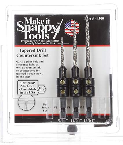 Snappy Tools 44300 New 3-Piece Hex Shank Tapered Drill Countersinks Set For #6/#8/#10 Wood Screws, Reusable, Use With Round Shank Tapered Twist Drills, 1.8-Inch Hex Key, 1/4-Inch Hex Power Bit Shank