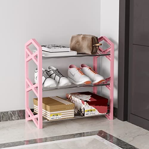 SHELAKET Upgrade 3-Tier Small Shoe Rack, Metal Lightweight 5-7 Pairs Shoe Shelf Storage Organizer for Entryway, Hallway and Closet(Pink)