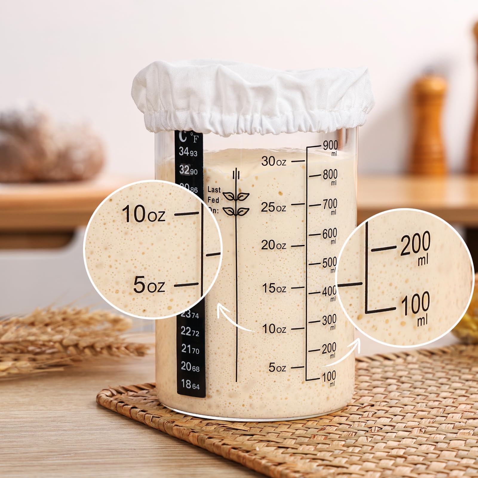 Sourdough Starter Jar 2PACK | Wide Mouth 35oz with Ounce&ML Scale line,Date Marked Feeding Band,Thermometer,Sourdough Jar Scraper,Cloth Cover & Stainless Steel Lid,Measuring Spoons,Complete Kit