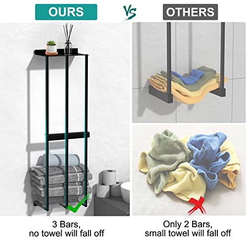 Towel Rack for Bathroom, New Upgrade 3 Bar Wall Towel Racks for Rolled Towels, Towel Storage with Metal Top Shelf, Wall Mounted Bathroom Organizer (Black)