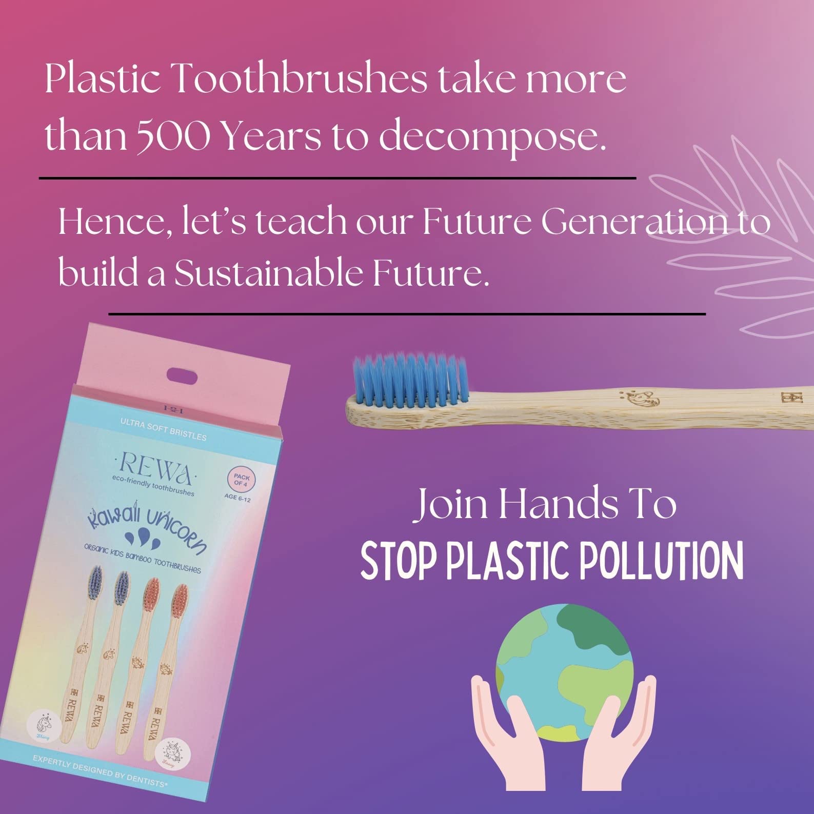 Rewa Kids Kawaii Unicorn l Children Bamboo Toothbrushes l Organic Compostable Natural Ayurvedic l Pack-4 l Soft Bristles BPA Free Pink (Sassy) & Blue (Shiny).