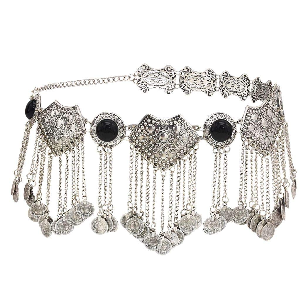 Idealway Vintage Turkish Gypsy Alloy Coin Belly Body Chain Waist Chain Beach Bohemian Festival Body Coin Belt Belly Jewelry for Women … (Body chain black)
