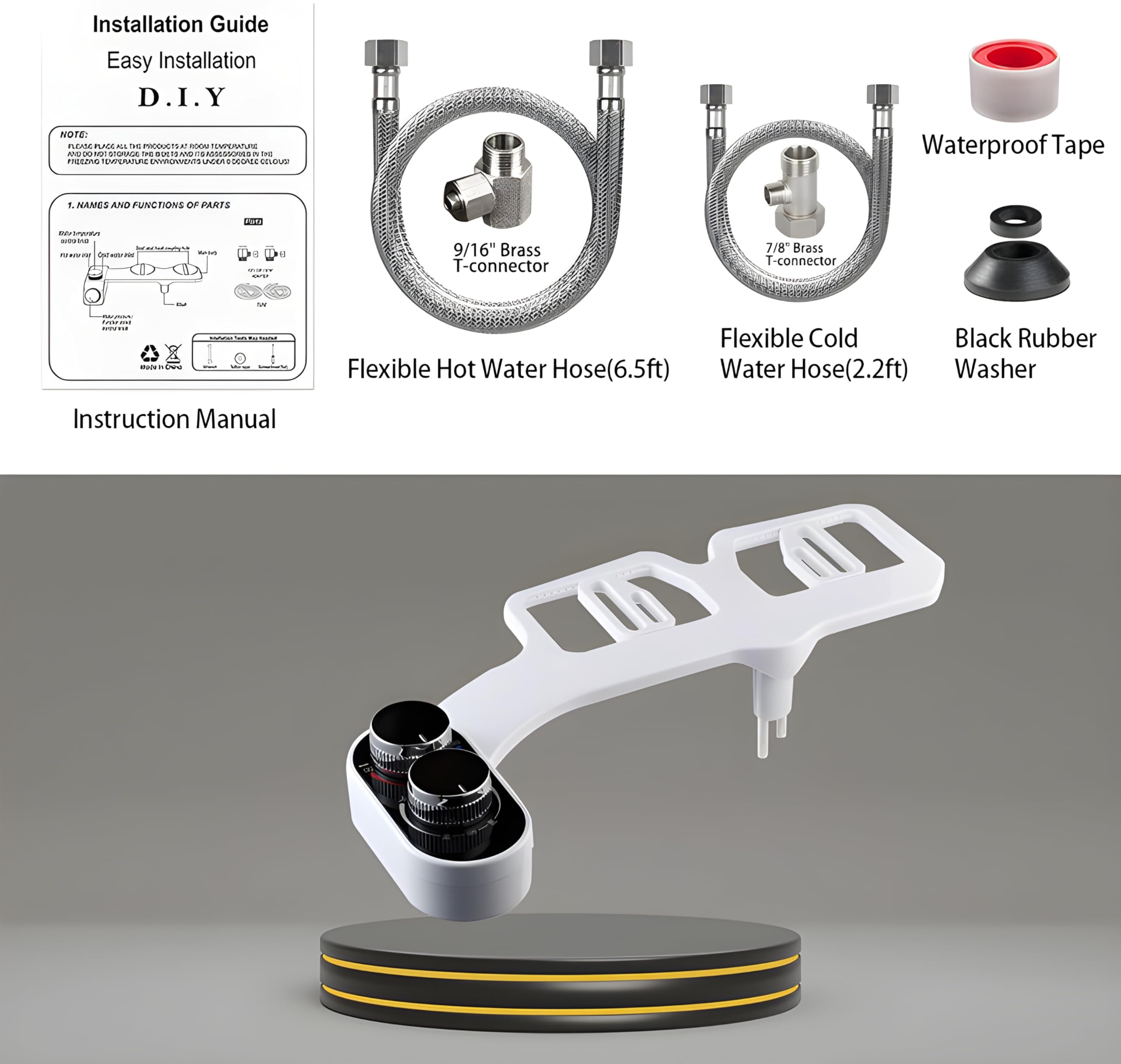 YBYOAD Slimline bidet, non-electrical double nozzle (Rear and Feminine Wash) for clean water, bidet attachment for toilet seat, warm water hot/cold, adjustable water pressure