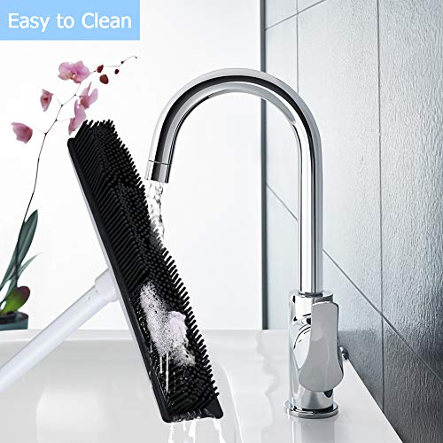 Push Broom, Soft Bristle Rubber Sweeper Squeegee Edge with 60 inches Adjustable Long Handle, Non Scratch Bristle Broom for Pet Dog Hair Carpet Hardwood Floor Tile Windows Cleaning (White)