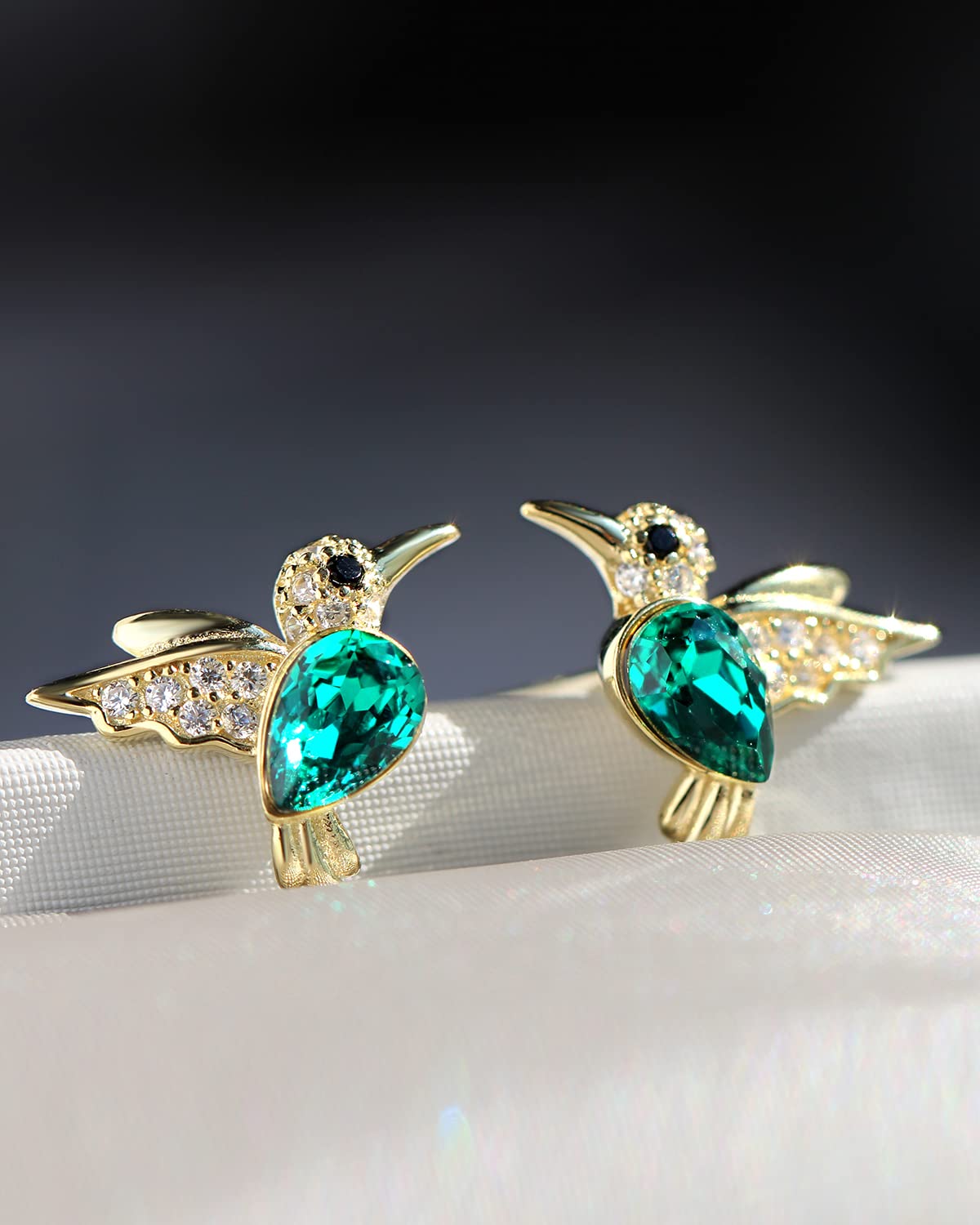 Jewever 925 Sterling Silver Hummingbird Ear Studs Blue Cubic Zirconia Earrings for Women Jewelry Gift Golden