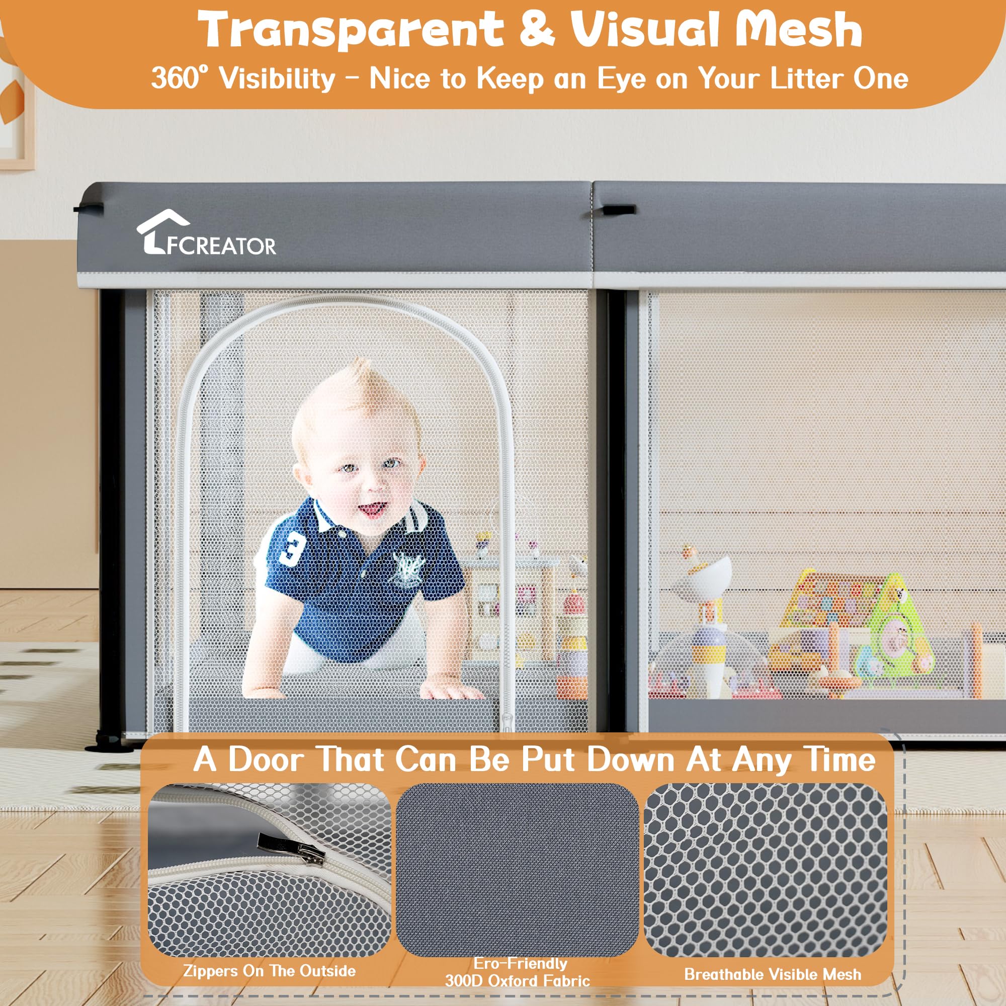 LFCREATOR Foldable Baby Playpen, Playpen for Babies and Toddlers Indoor & Outdoor,Baby Activity Center with Visible Breathable Mesh,50”×50”(Grey)