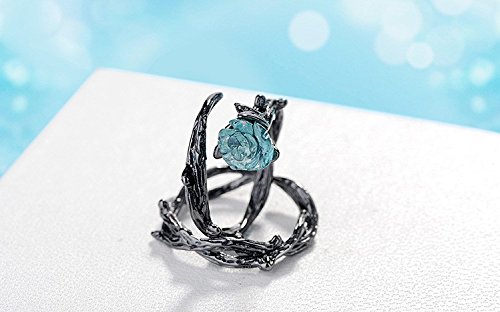 ISAACSONG.DESIGN 925 Sterling Silver Statement Adjustable Ring for Women Love Heart, Teardrop, Cat, Pearl Charms (Valentine Blue Rose Couple Ring)