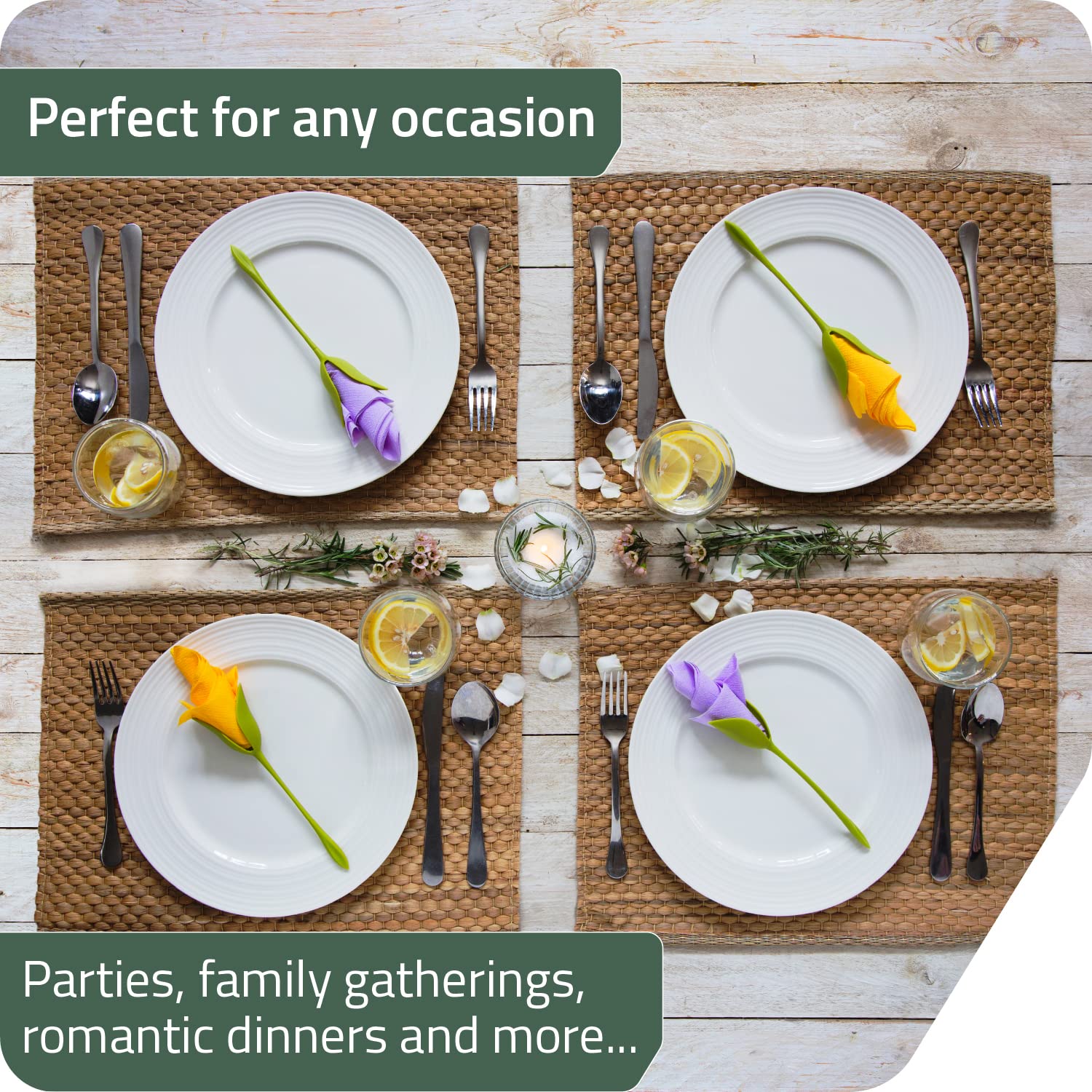 Peleg Design Bloom Napkin Holders for Tables, Set of 4 Green Stemmed Plastic Twist Flower Buds Serviette Holders Plus White Napkins for Making Original Table Arrangements