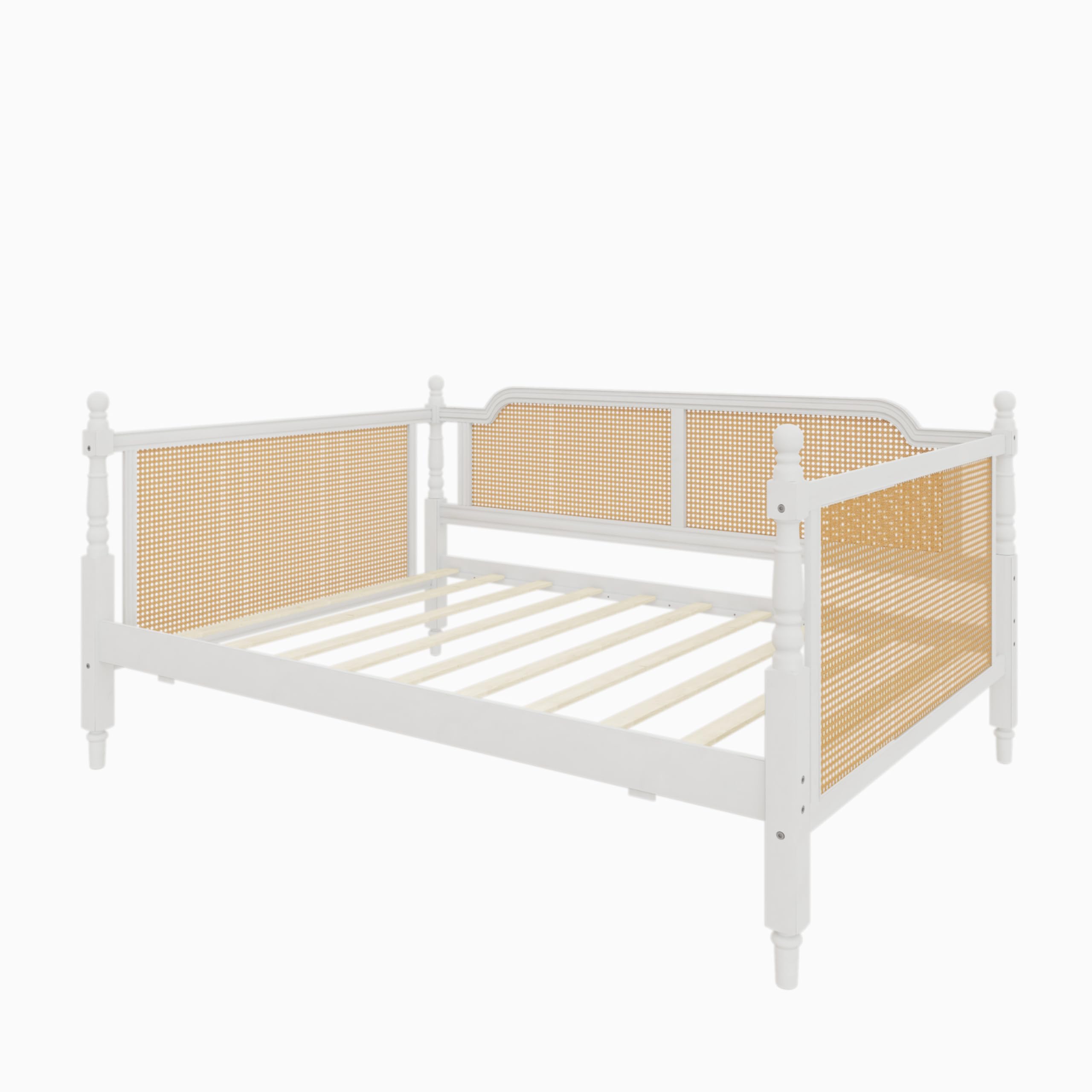 Traditional Style Rattan Full Size Daybed, Wood Daybed with Trundle for Small Space Guestroom, No Box Spring Needed, Antique Walnut