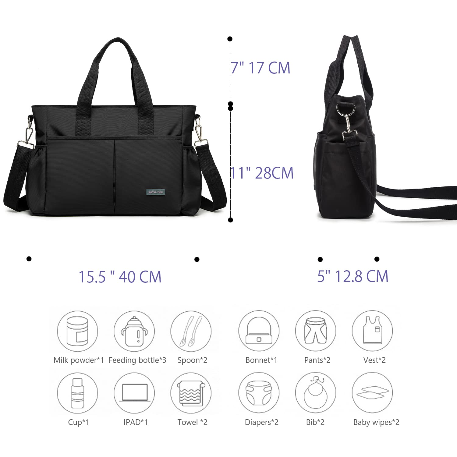ROYALFAIR Diaper Bag Tote Bag for Toddler Mommy Messenger Tote Diaper Bags Purse with Stroller Hook (Medium,Black)