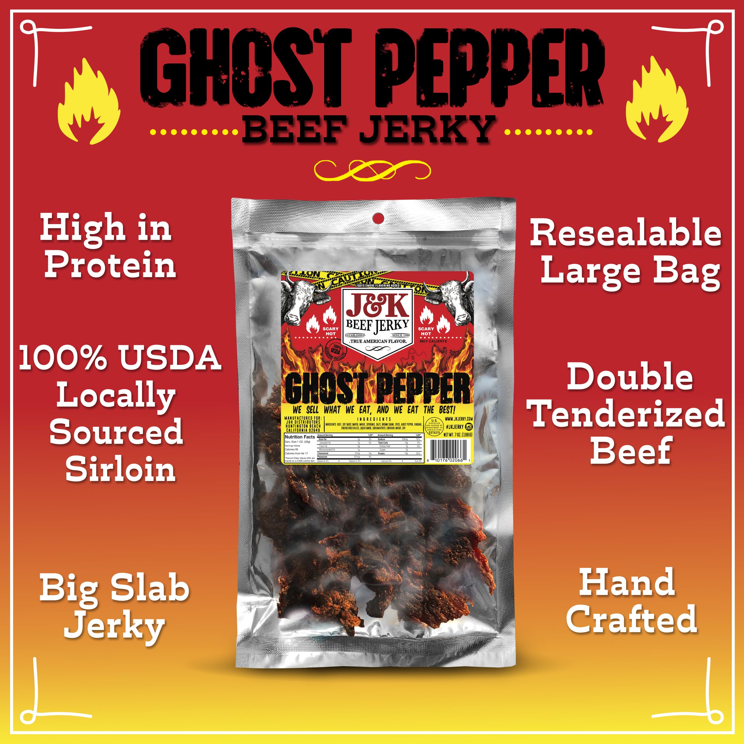J&K Jerky Ghost Pepper Beef Jerky - Spicy American-Made Slab Jerky for the Bold Snacker - 7oz Big Bag of Jerky