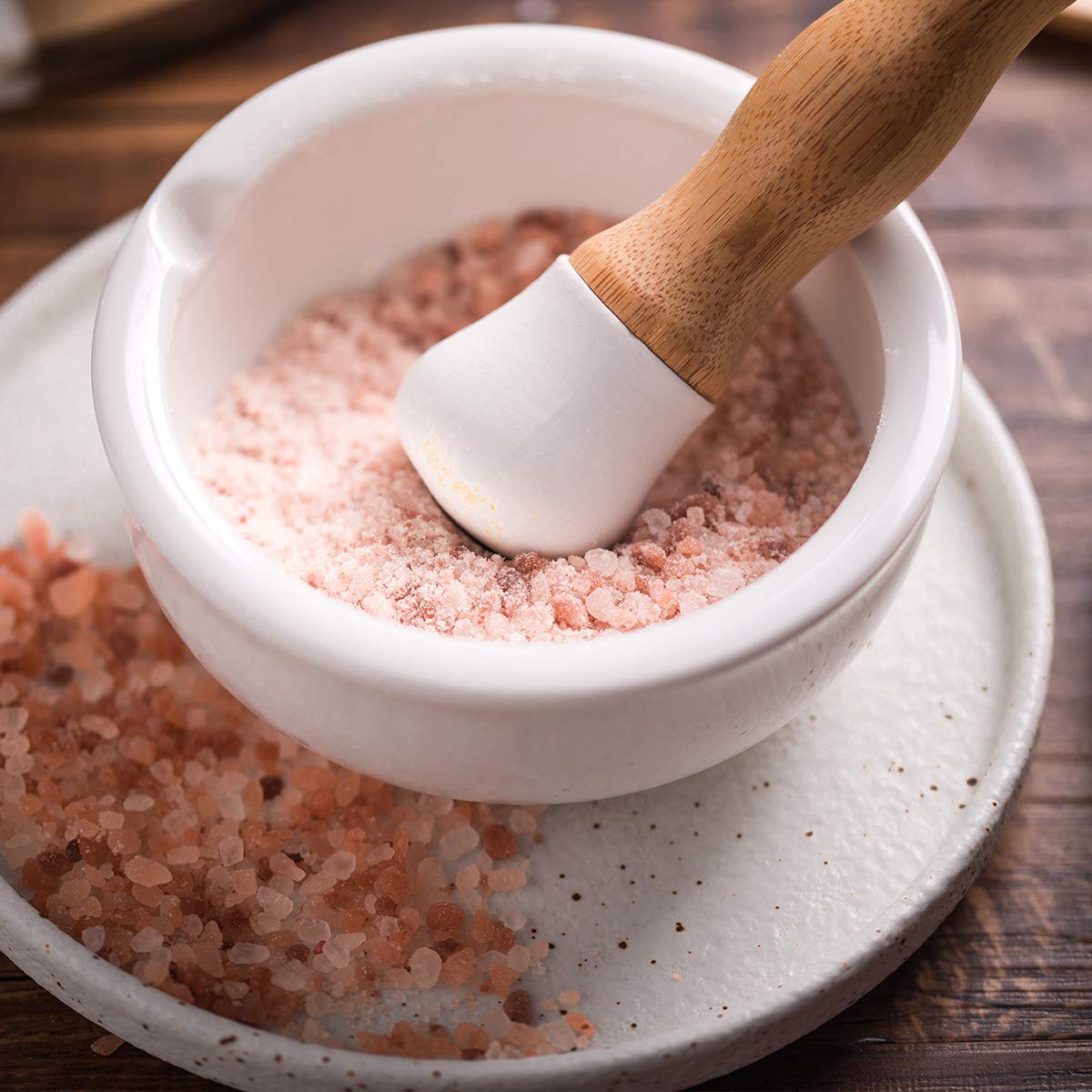Porcelain Mortar and Pestle Set – Pill Crusher, Spice Grinder, Herb Bowl, Pesto Powder – Molcajete for Salt - Plus Lid/Non-Slip Base