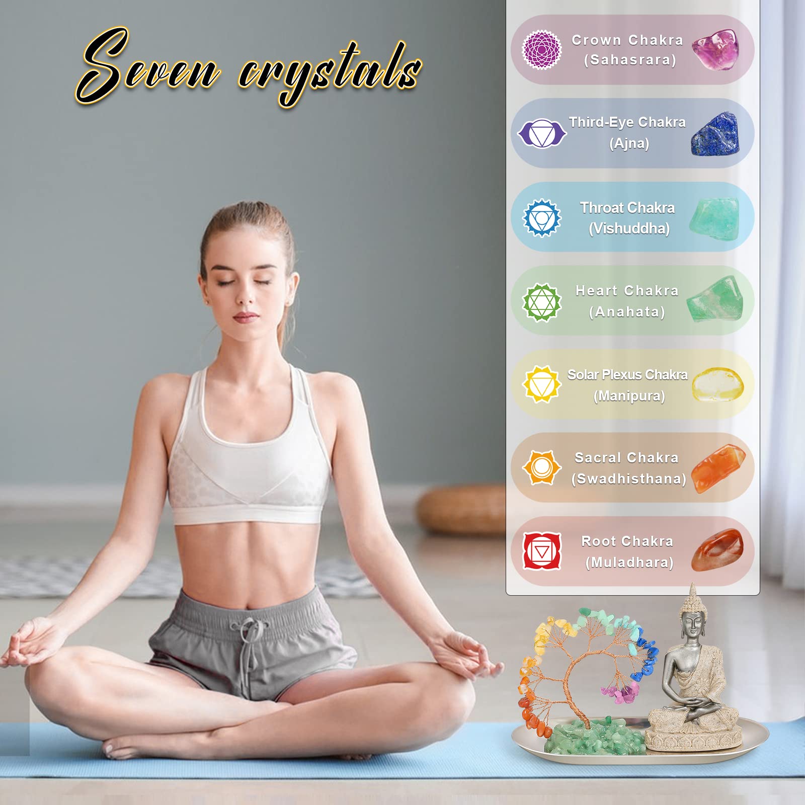 INNOLITES 7 Chakra Crystal Tree and Buddha Statue set, Yoga Meditation Decor, Money Tree and Buda Statues for Home Living Room Office Shelf Decoration Wealth and Luck(Silver)
