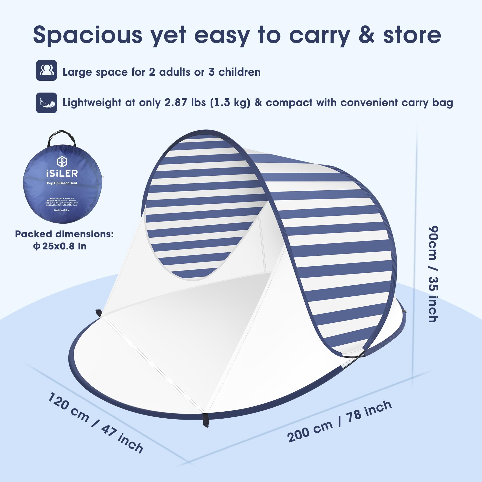 ISILER Pop Up Beach Tent, Portable Outdoor Beach Shade Tent, UPF 50+ Baby Beach Shelter, Easy Setup Windproof Waterproof Beach Canopy