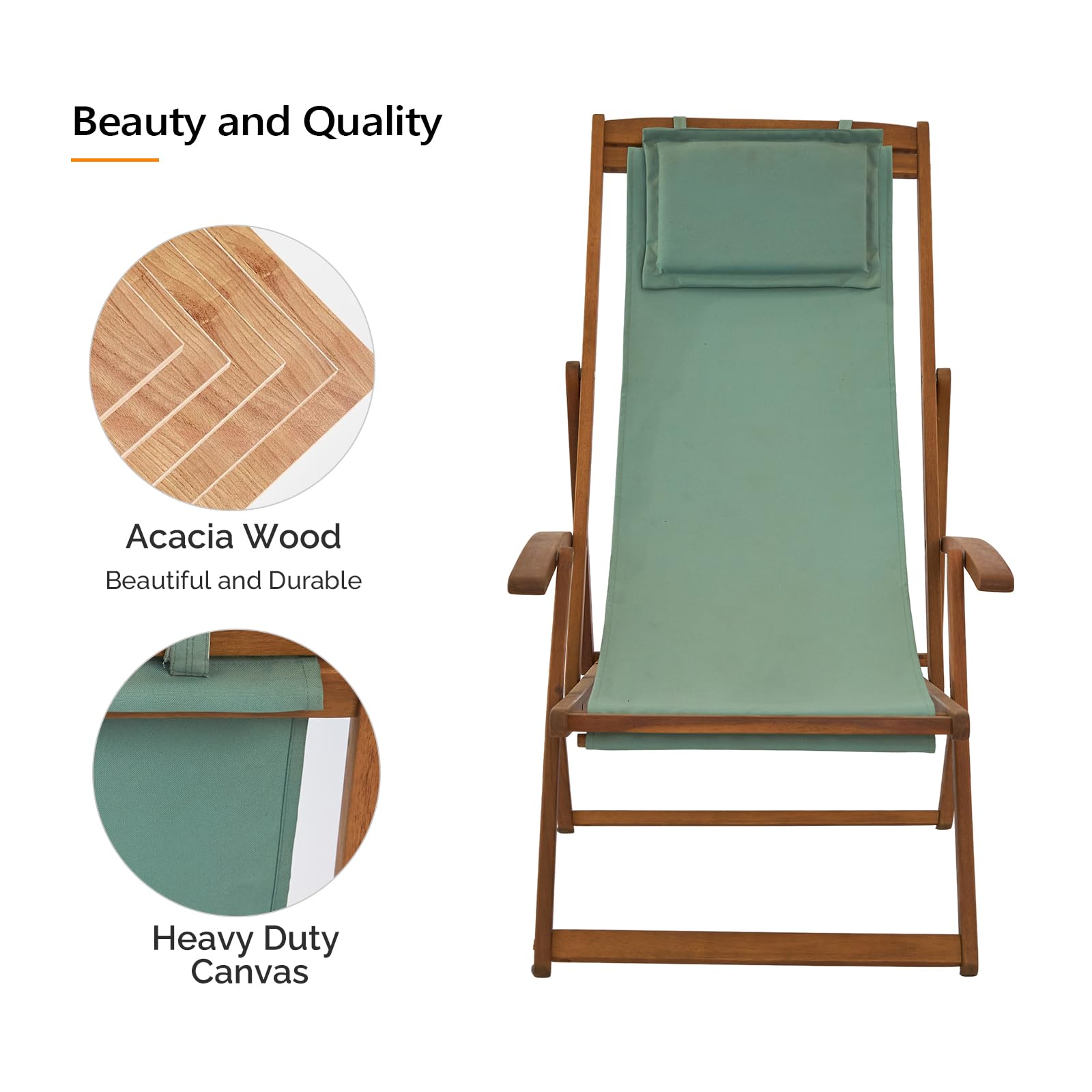 VINGLI Patio Sling Chairs, Outdoor Adjustable Beach Chair with Armrest & Pillowcase, Portable Folding Patio Lounge Chairs Chair for Porch, Poolside, Garden(1 Pack (1)