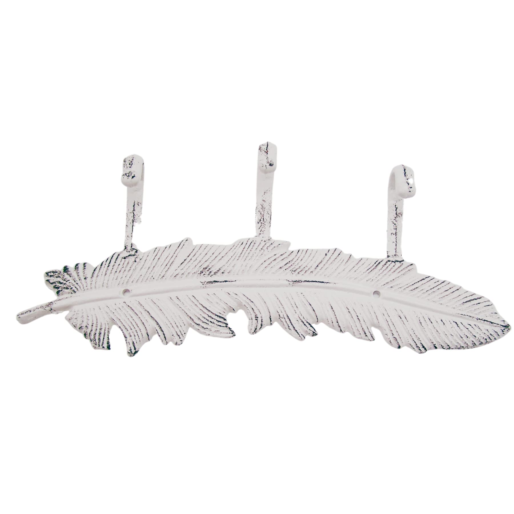 Wowser White Distressed Feather Cast Iron Wall Hook, Unique Wall Décor, 3 Hooks, 13.25 Inches
